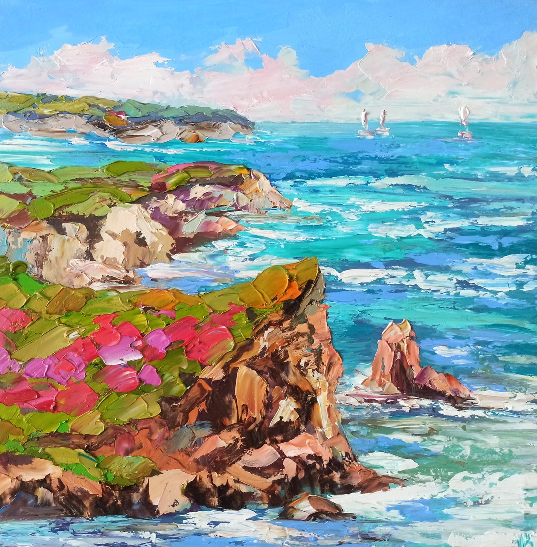 Irish Seascape Impasto Oil Painting: Original 12x12 Art by Inna Bebrisa ...