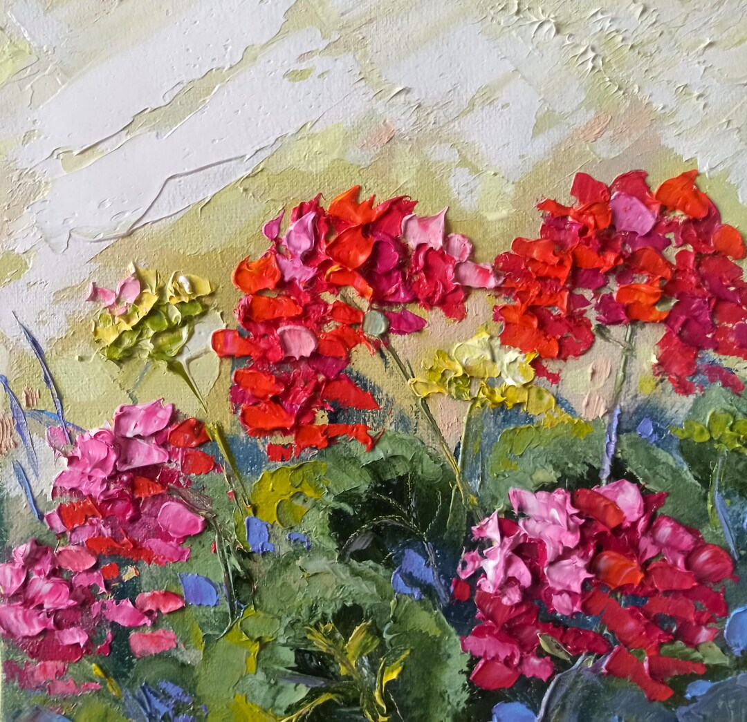 Red Geranium Oil Painting Flowers Original Art Impressionist Artwork on ...