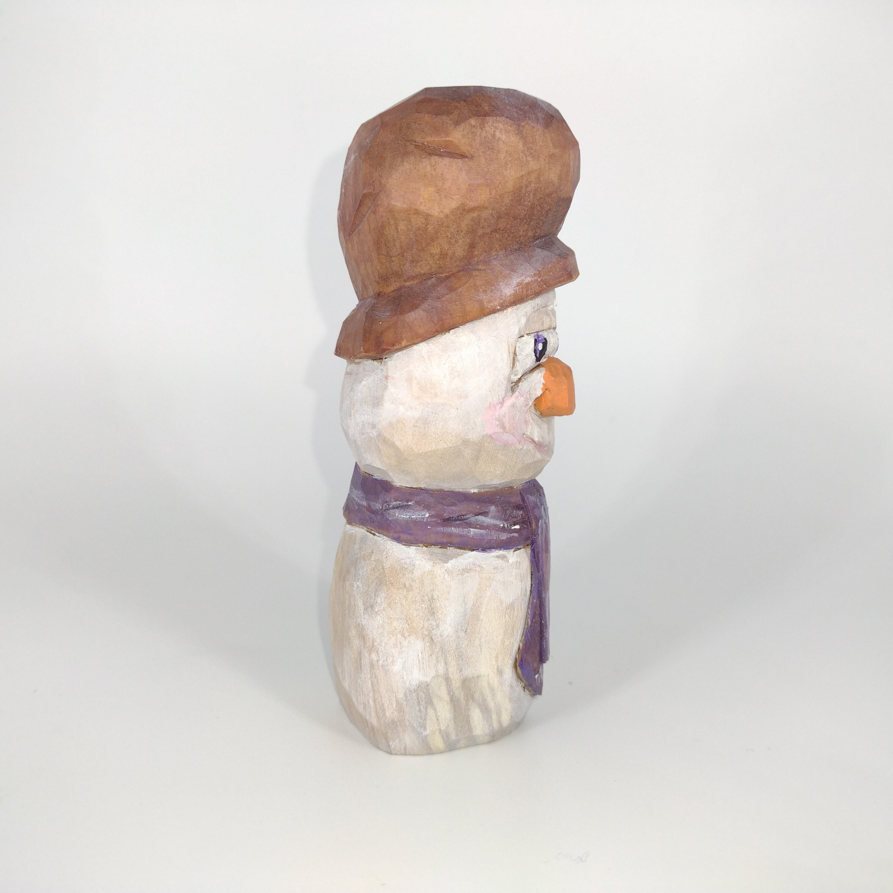 Hand Carved Snowman 4 1/2 Inch Snowman Wearing a Brown Hat and Purple ...