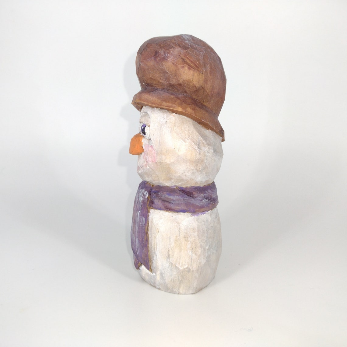 Hand Carved Snowman 4 1/2 Inch Snowman Wearing a Brown Hat and Purple ...
