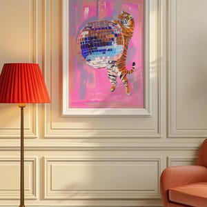 Tiger on Hanging Disco Ball Art Print, Vibrant Pink Background, Unique ...