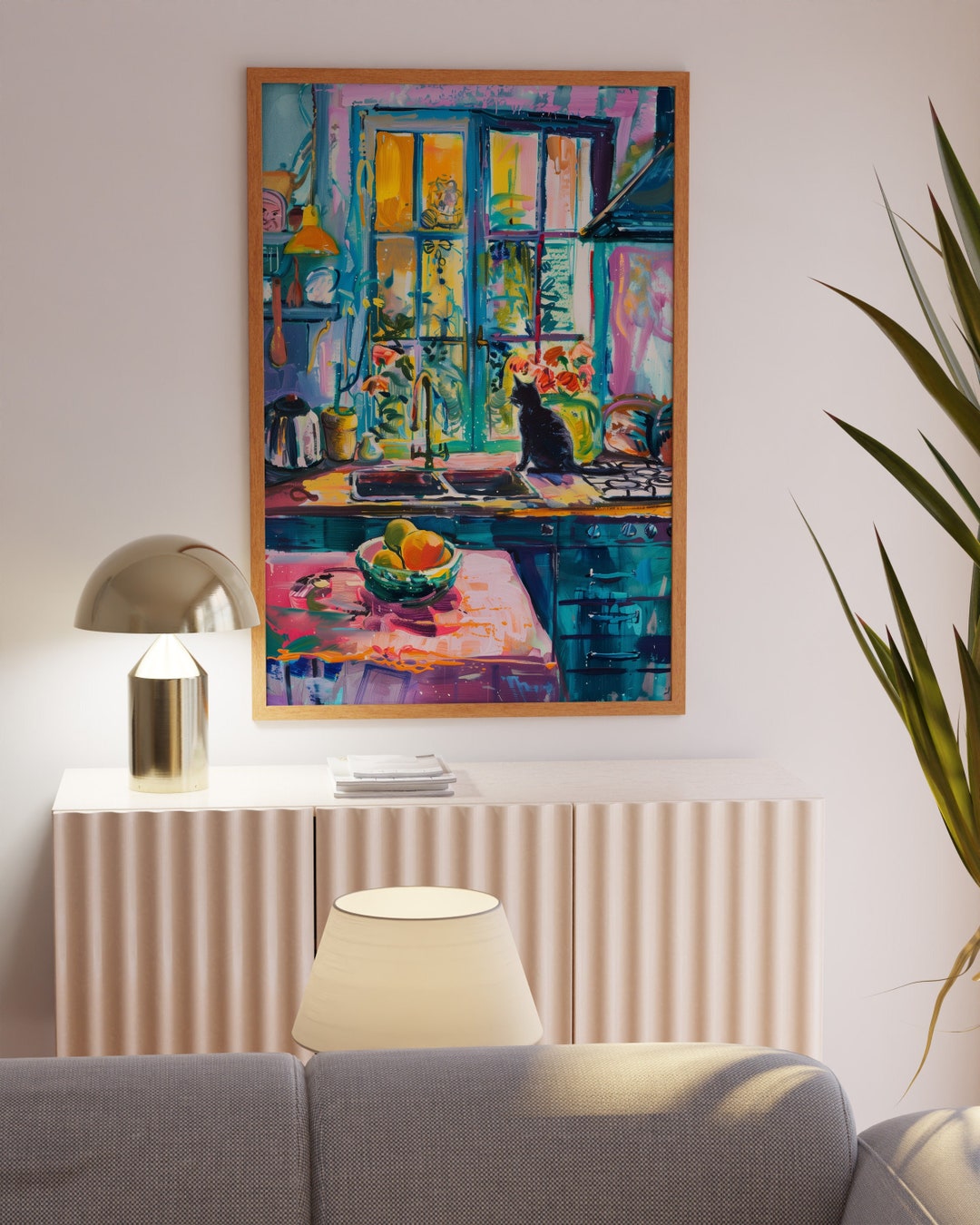 Colorful Kitchen Window, Scene With Black Cat, Vibrant Home Decor Art ...