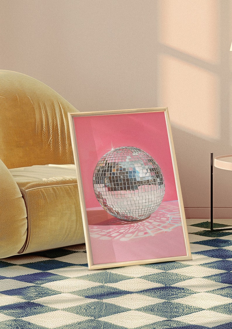 Pink Disco Ball Art Print, Modern Retro Wall Decor, Vibrant Pink ...