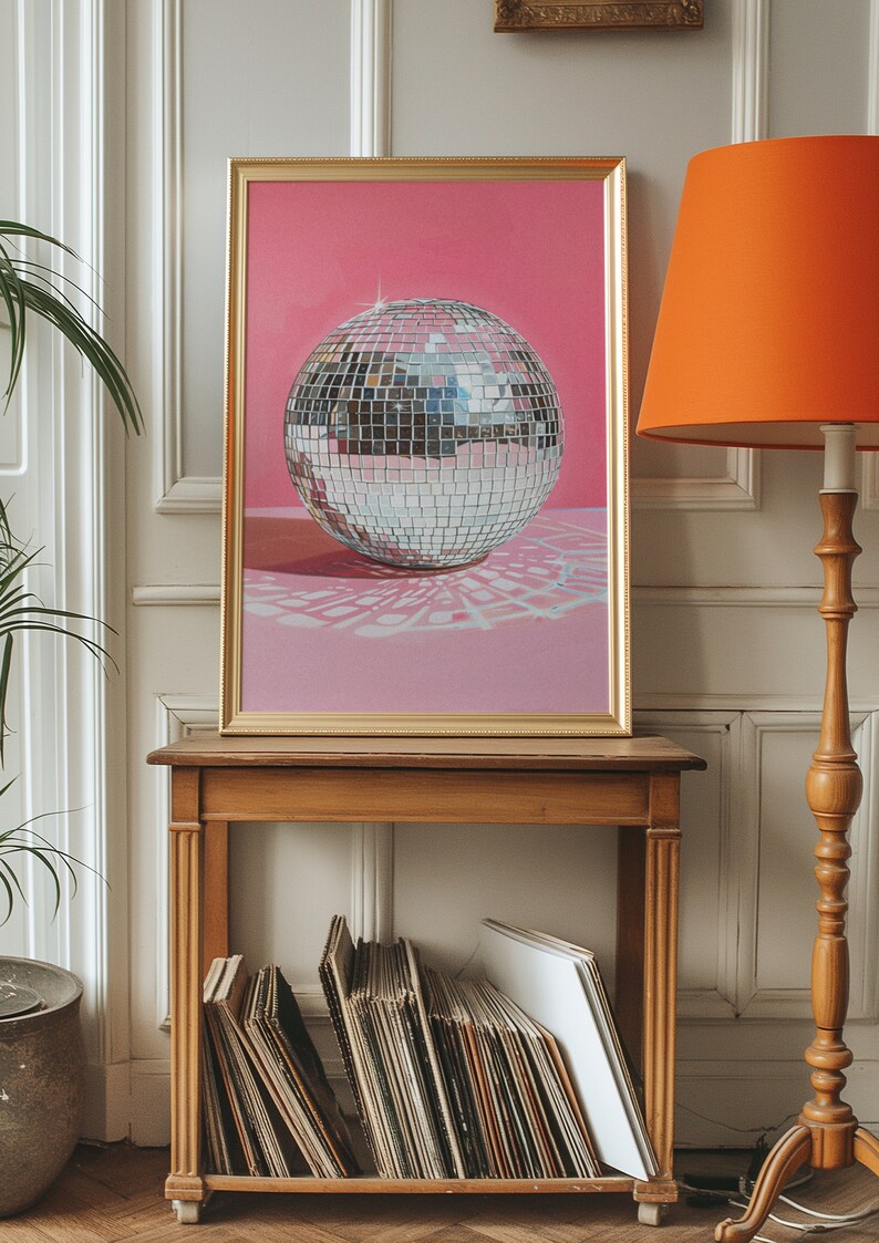 Pink Disco Ball Art Print, Modern Retro Wall Decor, Vibrant Pink ...