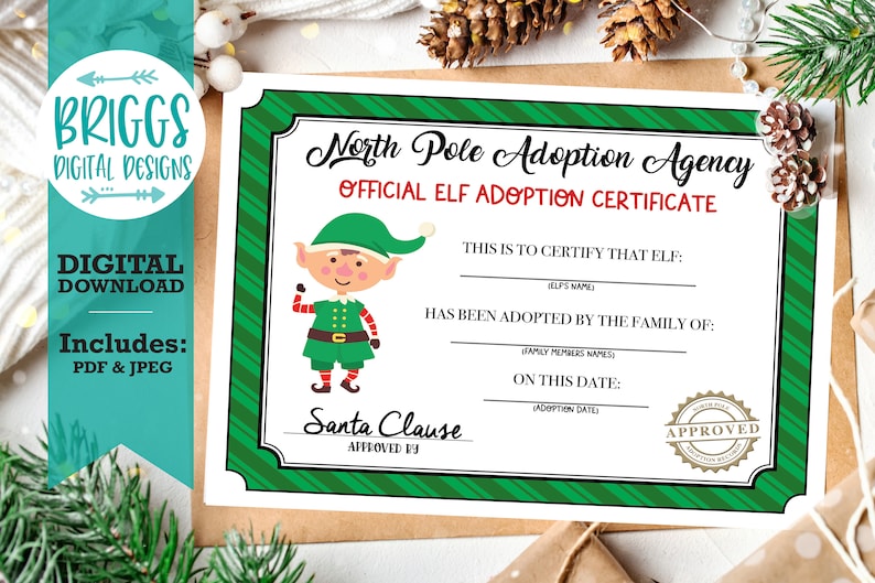 Printable Elf Adoption Certificate Christmas Printable Elf - Etsy