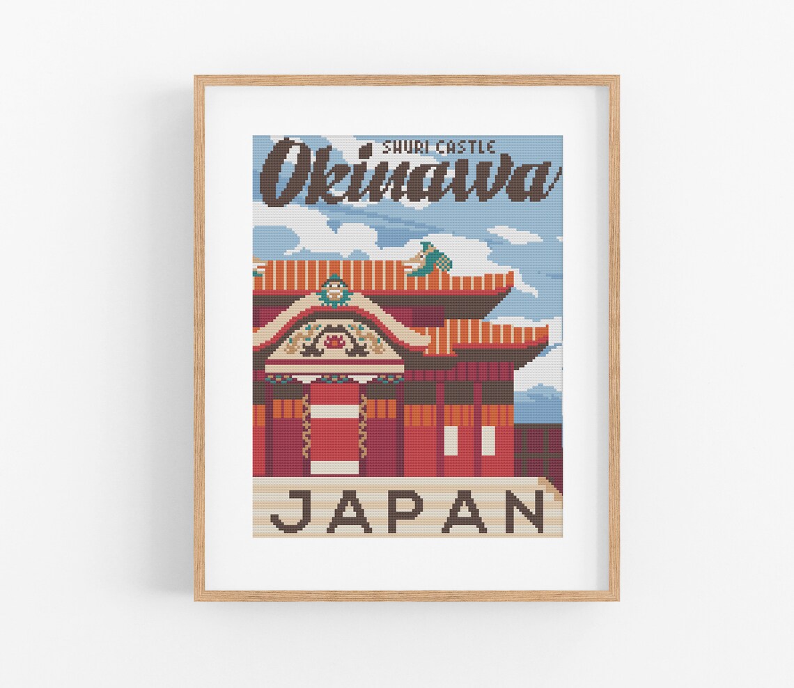 Vintage Travel Okinawa Japan Cross Stitch Pattern - Shuri Castle Cross ...