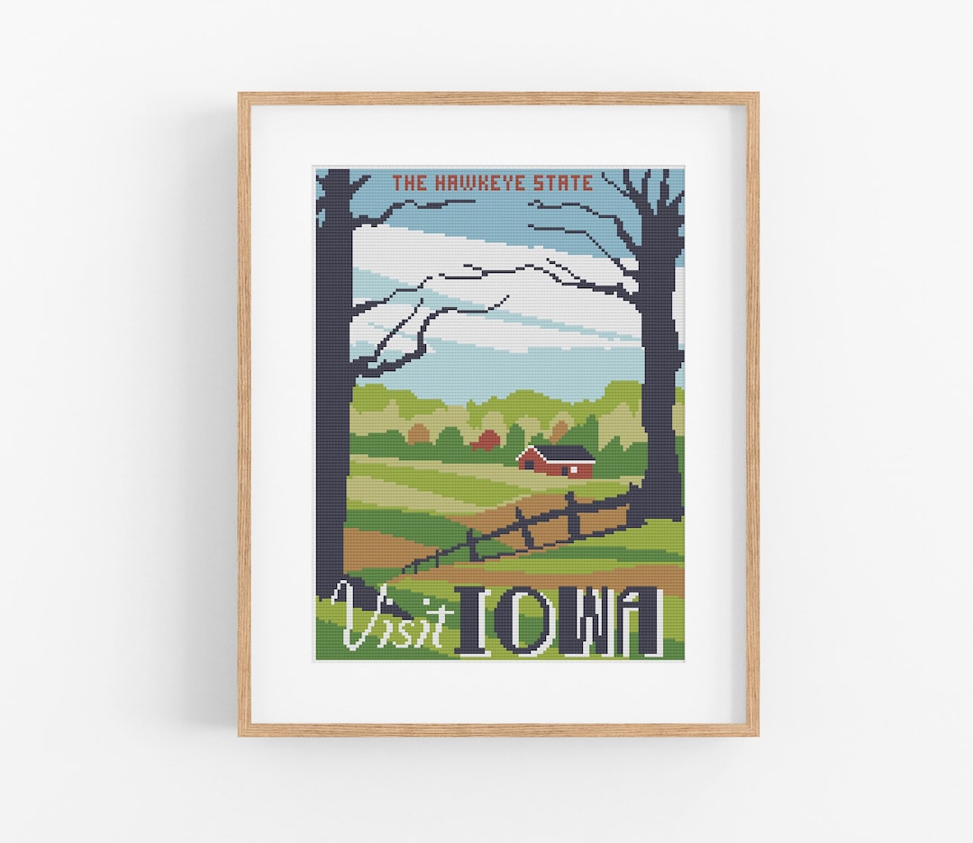 Vintage Travel Iowa Cross Stitch Pattern - Fields in Iowa Cross Stitch ...