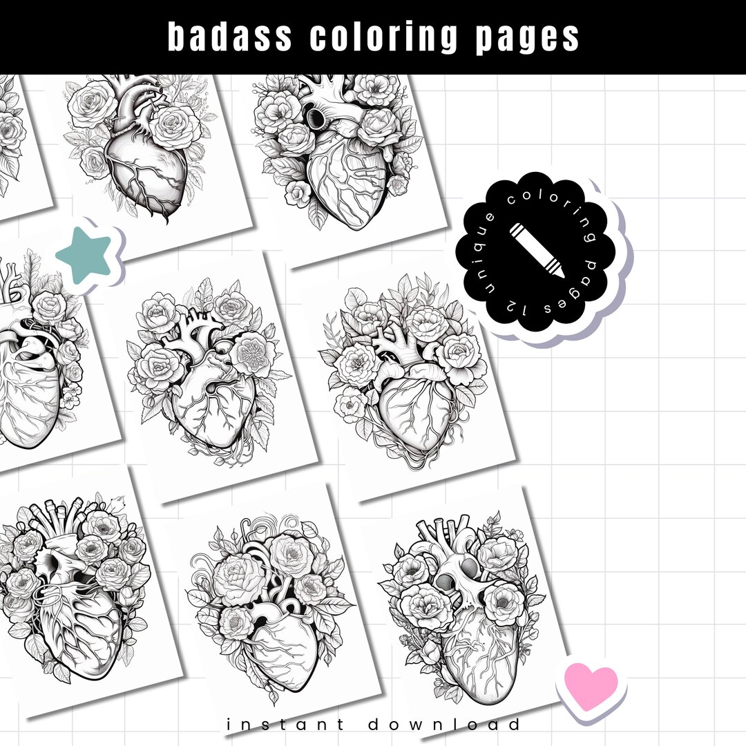 ELLIE Anatomical Valentine's Day Heart and Roses Coloring Page Set 24 ...