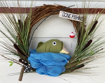 Fish Grapevine Wreath for Front Door, Everyday Summer Fishing Decor ...