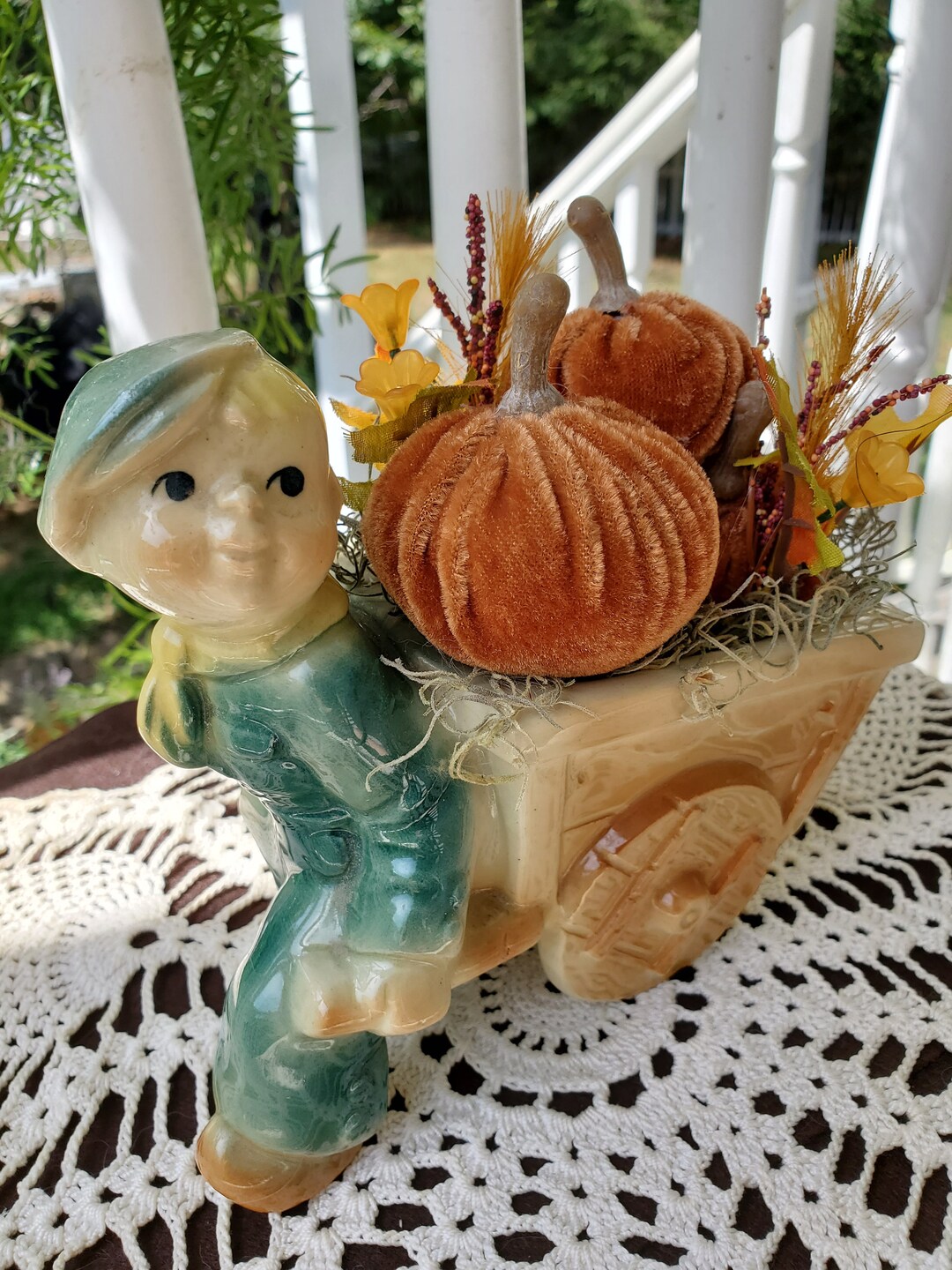 Vintage Boy With Autumn Pumpkin Wheelbarrow Planter - Etsy