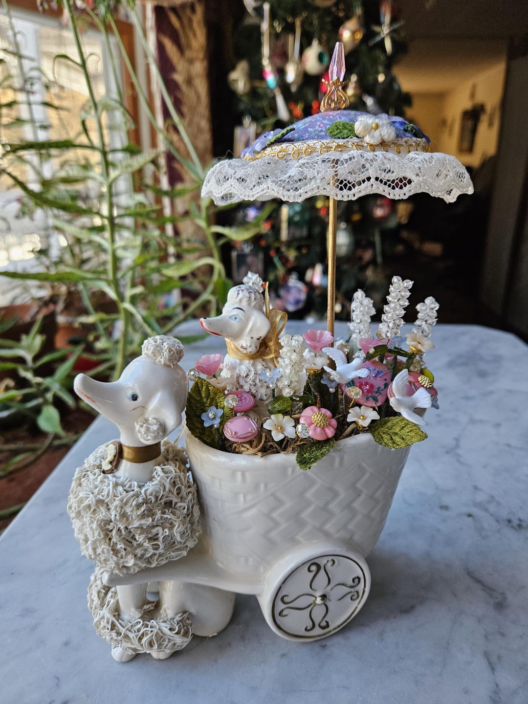 Poodle Pulling Cart With Czech Buttons Beads French Flowers and Doves ...