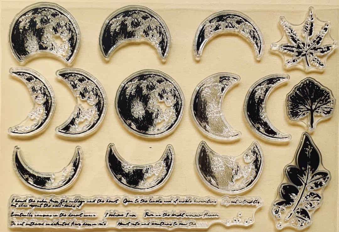 Moon Phases, Full Moon, Crescent, Lunar, Leaves, Textclear Stamp Set ...