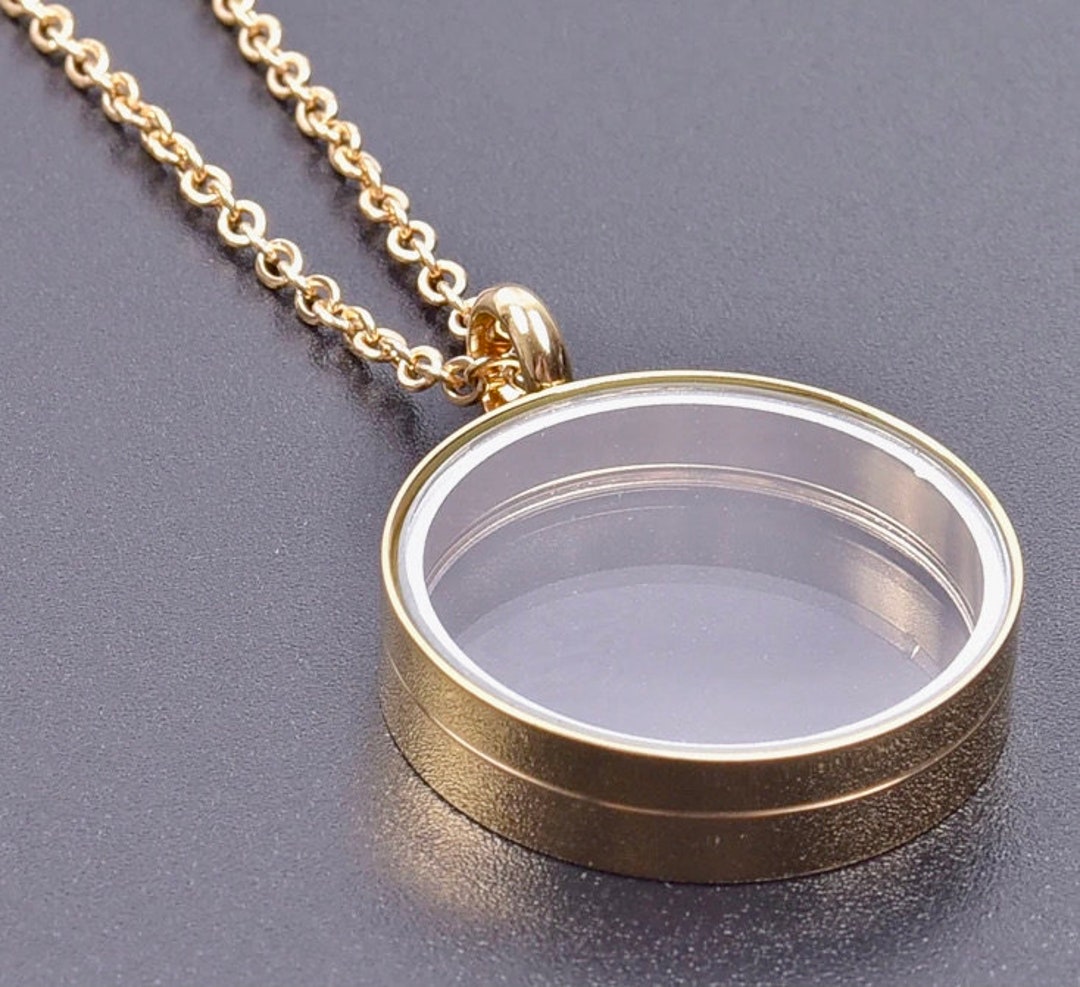 Gold Round Glass Floating Locket Gold Pendant Large 30mm With Chain for ...