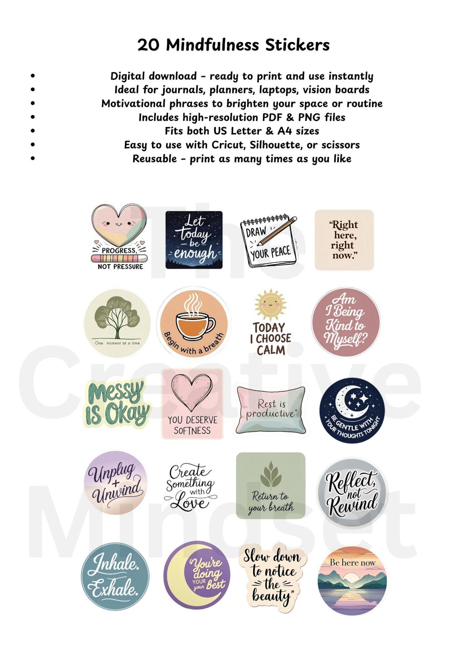 Mindfulness Sticker Pack – 20 Digital Stickers for Planners, Journals ...