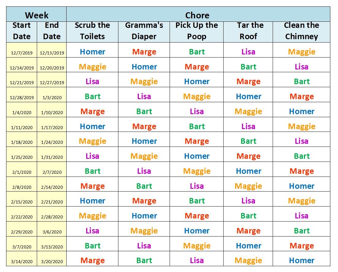 Weekly Chore Chart Excel Template - Etsy