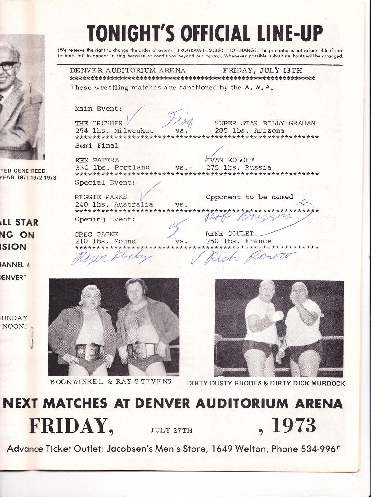 Vintage AWA Wrestling Program Match Card Geoff Portz 1973 - Etsy