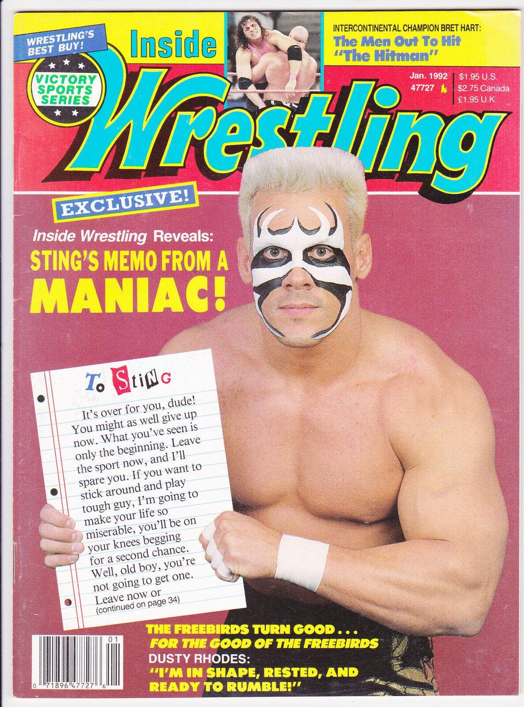 Inside Wrestling Magazine January 1992 Sting Bret Hart Fabulous ...