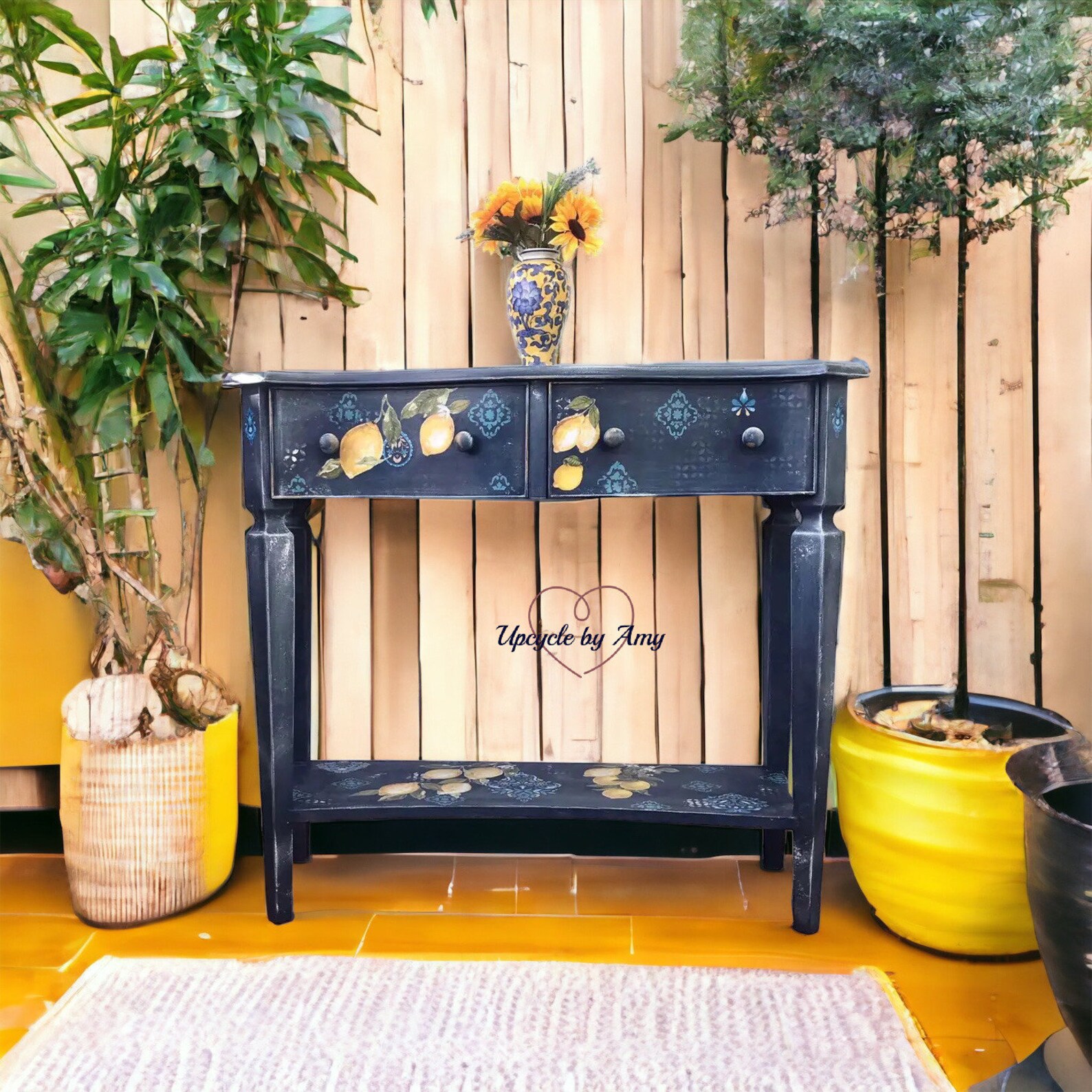 Lemon Stenciled Console Table: Hand Painted Navy Entryway Cabinet - Etsy