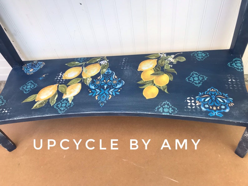 Lemon Stenciled Console Table: Hand Painted Navy Entryway Cabinet - Etsy