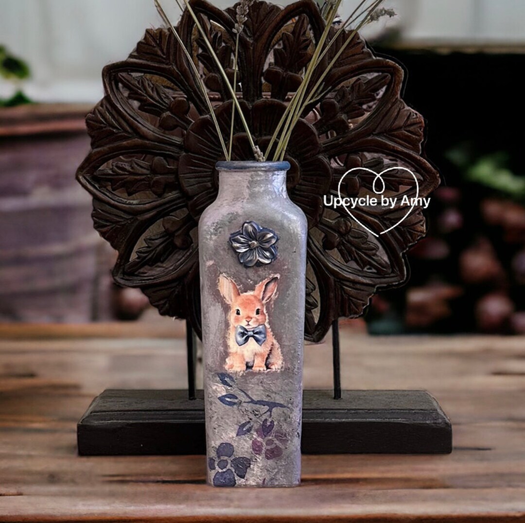 Bud Vase. Tall Rustic Rabbit Vase. Bunny Home Decor. Painted Textured ...