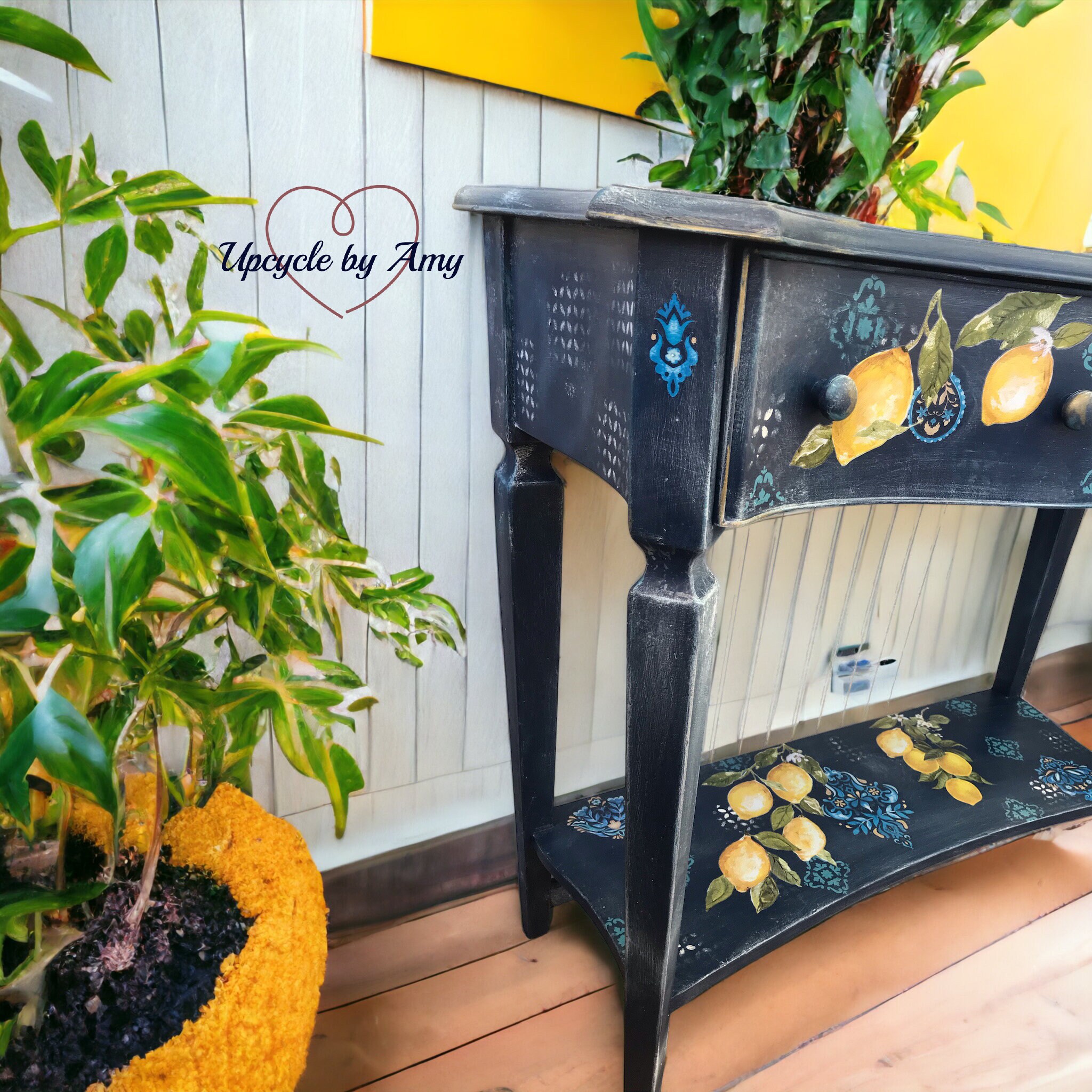 Lemon Stenciled Console Table: Hand Painted Navy Entryway Cabinet - Etsy