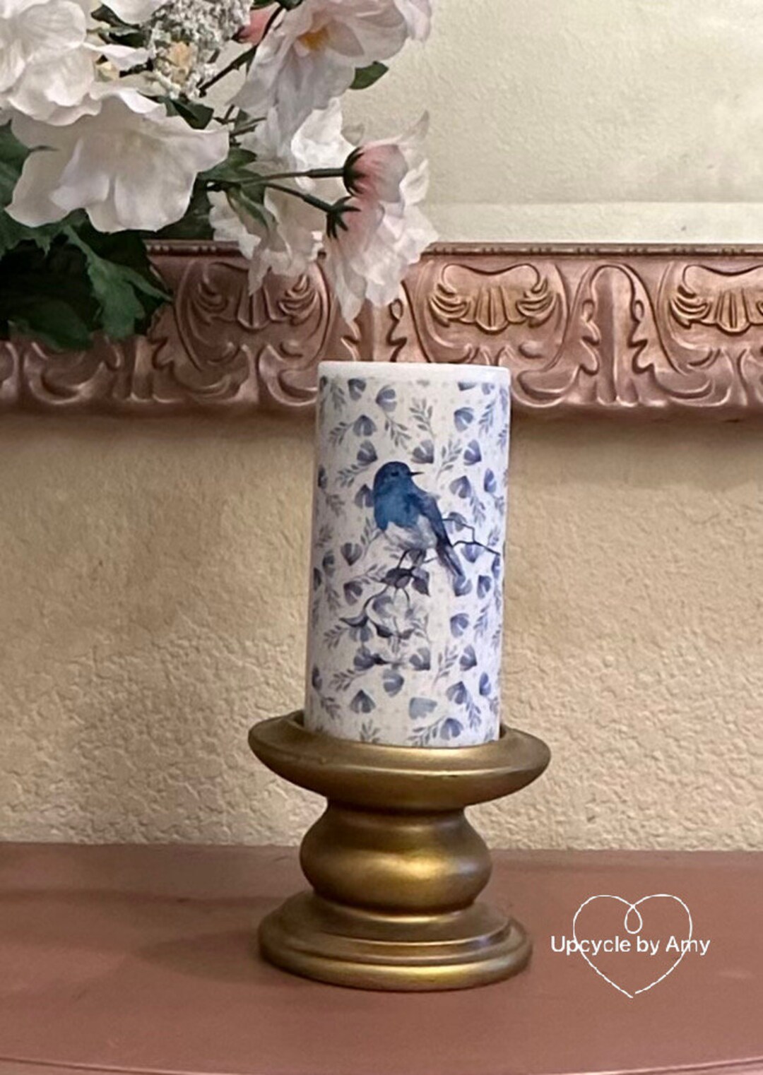 Candle. Adorable Blue Bird Pillar Candle. Decoupage Art. - Etsy