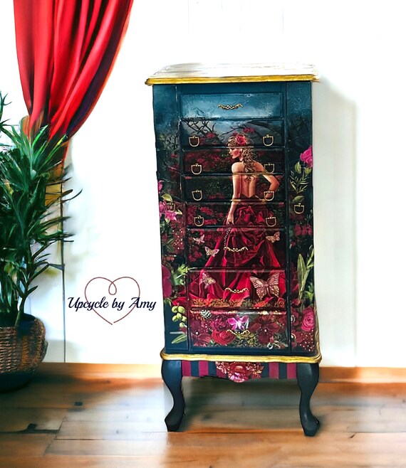 Jewelry Armoire. Lady in Red Garden Decoupage Floor Standing Jewelry Box. Large by Gone Era Chest. Romantic Bedroom Decor. Etsy