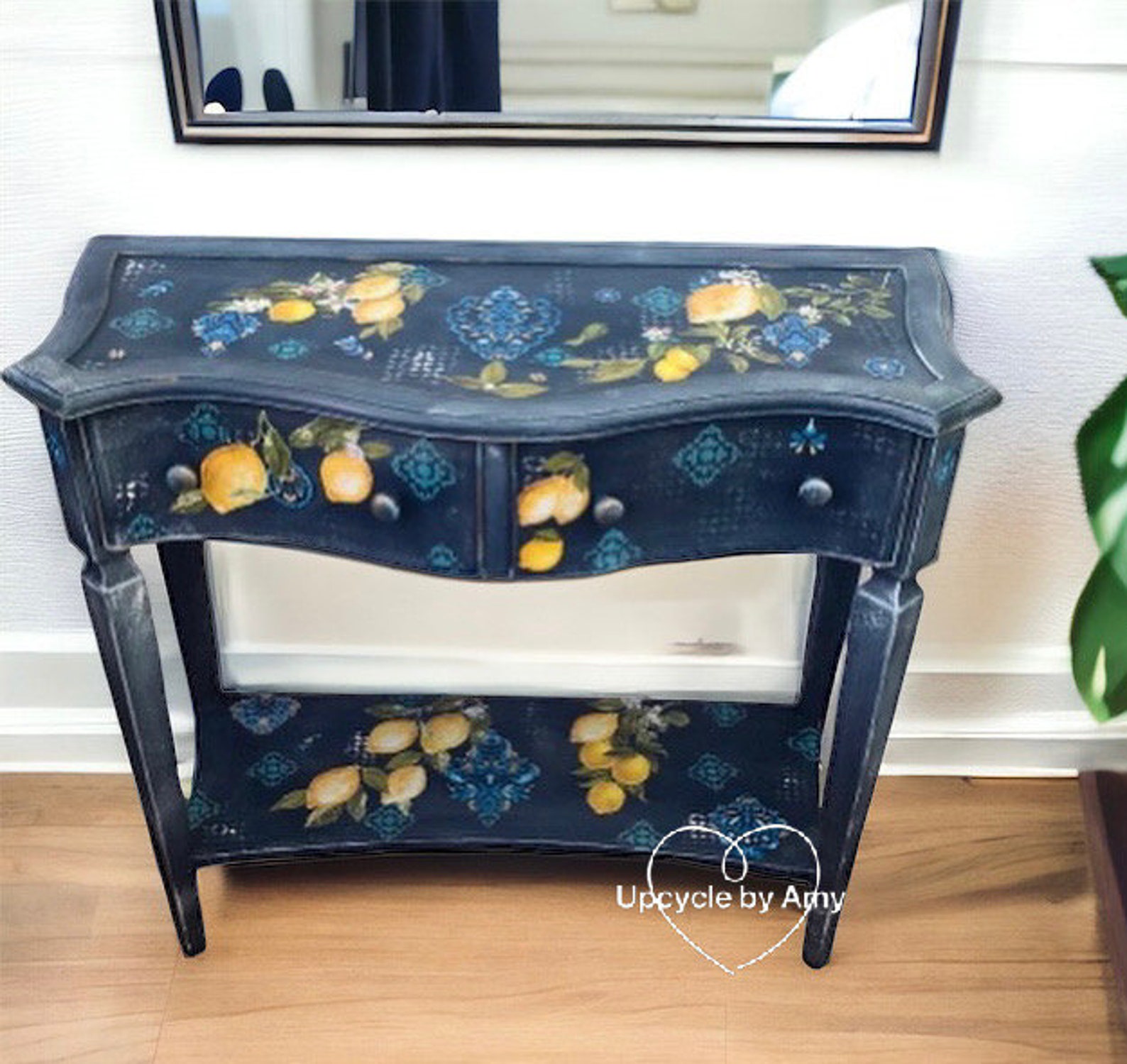 Lemon Stenciled Console Table: Hand Painted Navy Entryway Cabinet - Etsy