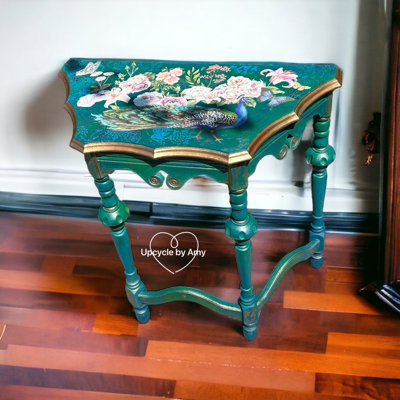 Console Table. Frolicking Peacock Pink Flower Garden Demi Lune Table ...
