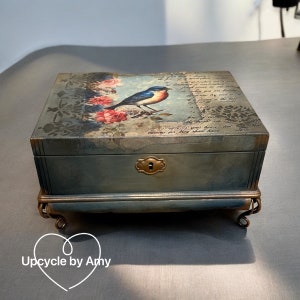 Jewelry Box. Vintage Inspired Bird Keepsake Box. Large Blue Jewelry Box ...