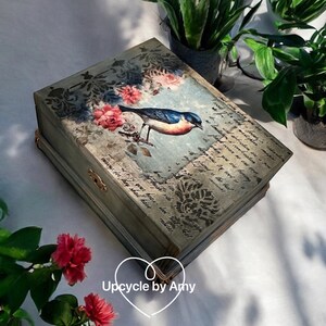 Jewelry Box. Vintage Inspired Bird Keepsake Box. Large Blue Jewelry Box ...