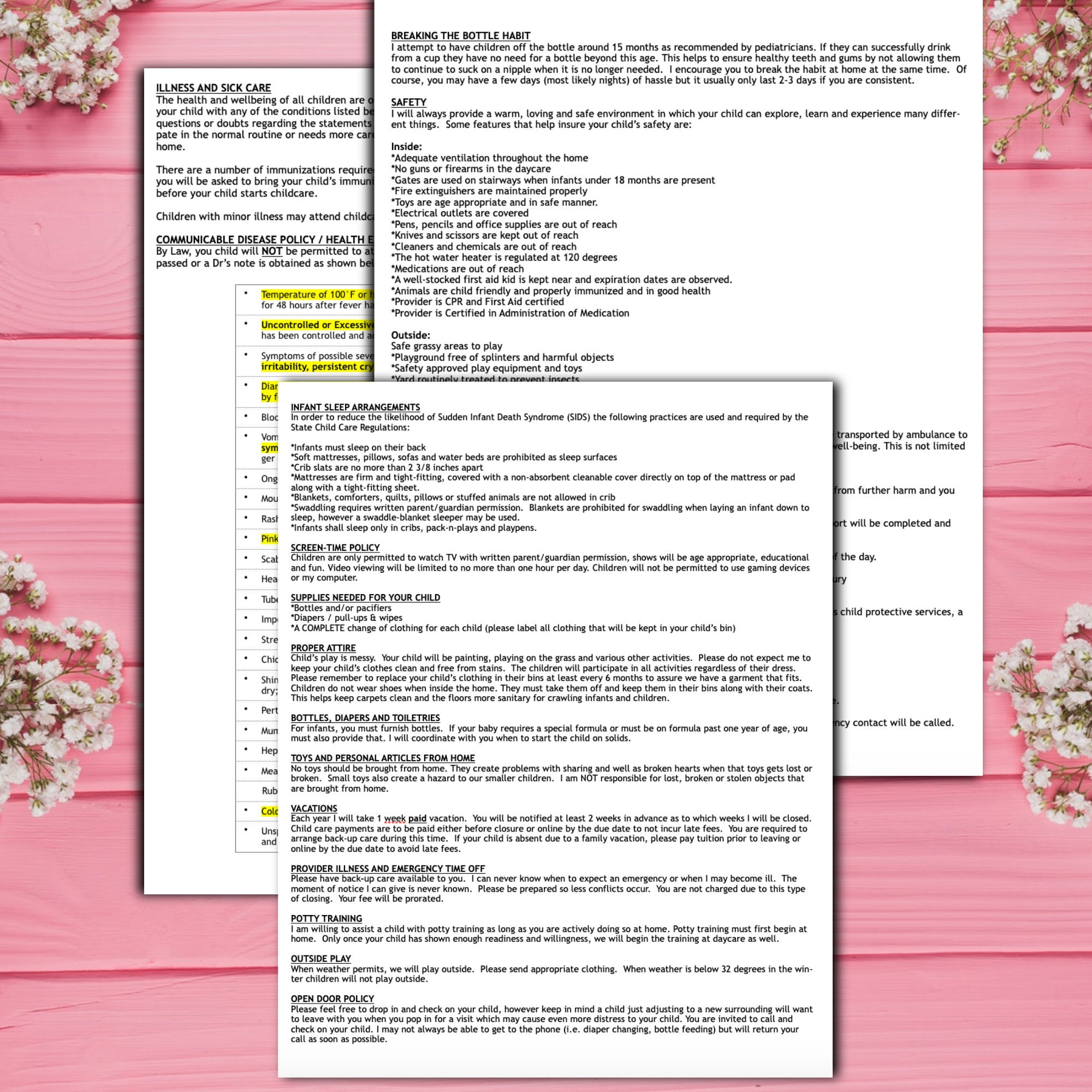 Daycare Parent Handbook Editible Daycare Handbook State Approved Parent ...