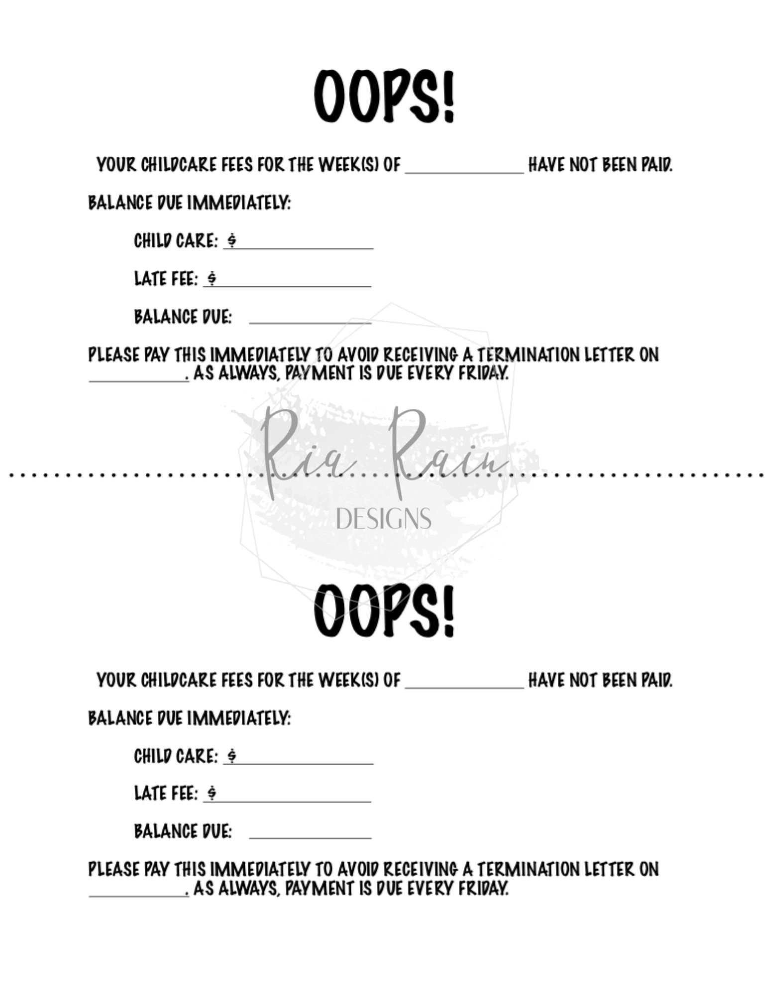 Late Payment Notice Daycare Payment Notice Daycare Payment Etsy