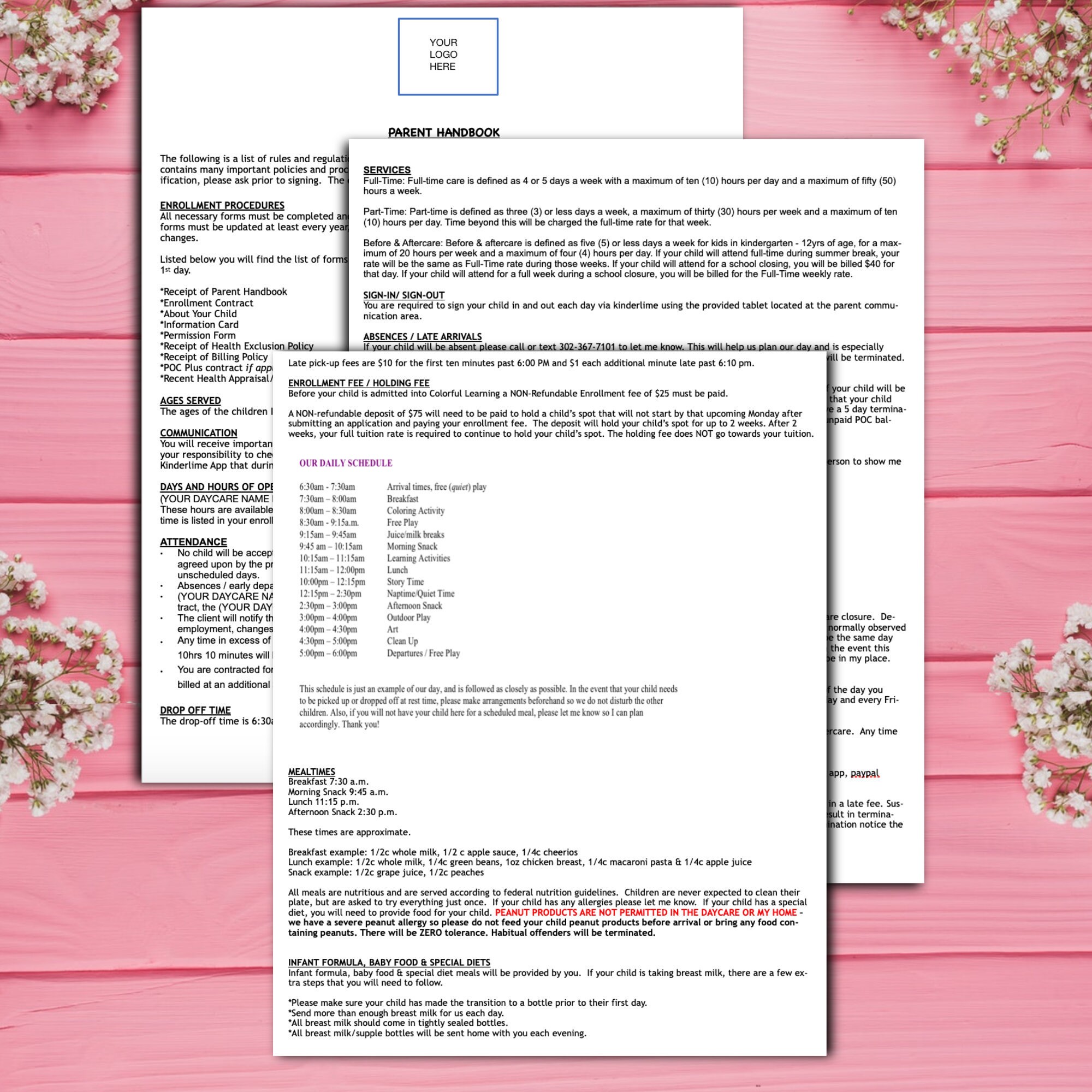 Daycare Parent Handbook Editible Daycare Handbook State Approved Parent ...