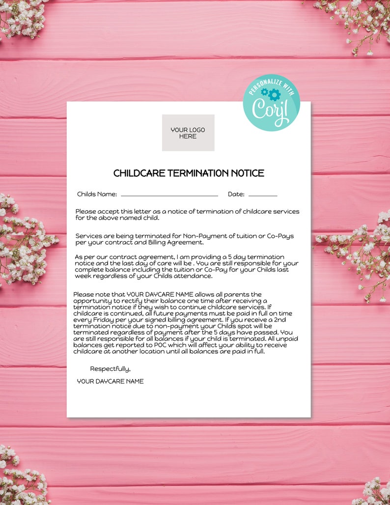 Editable Daycare Termination Notice Daycare Payment Notice - Etsy