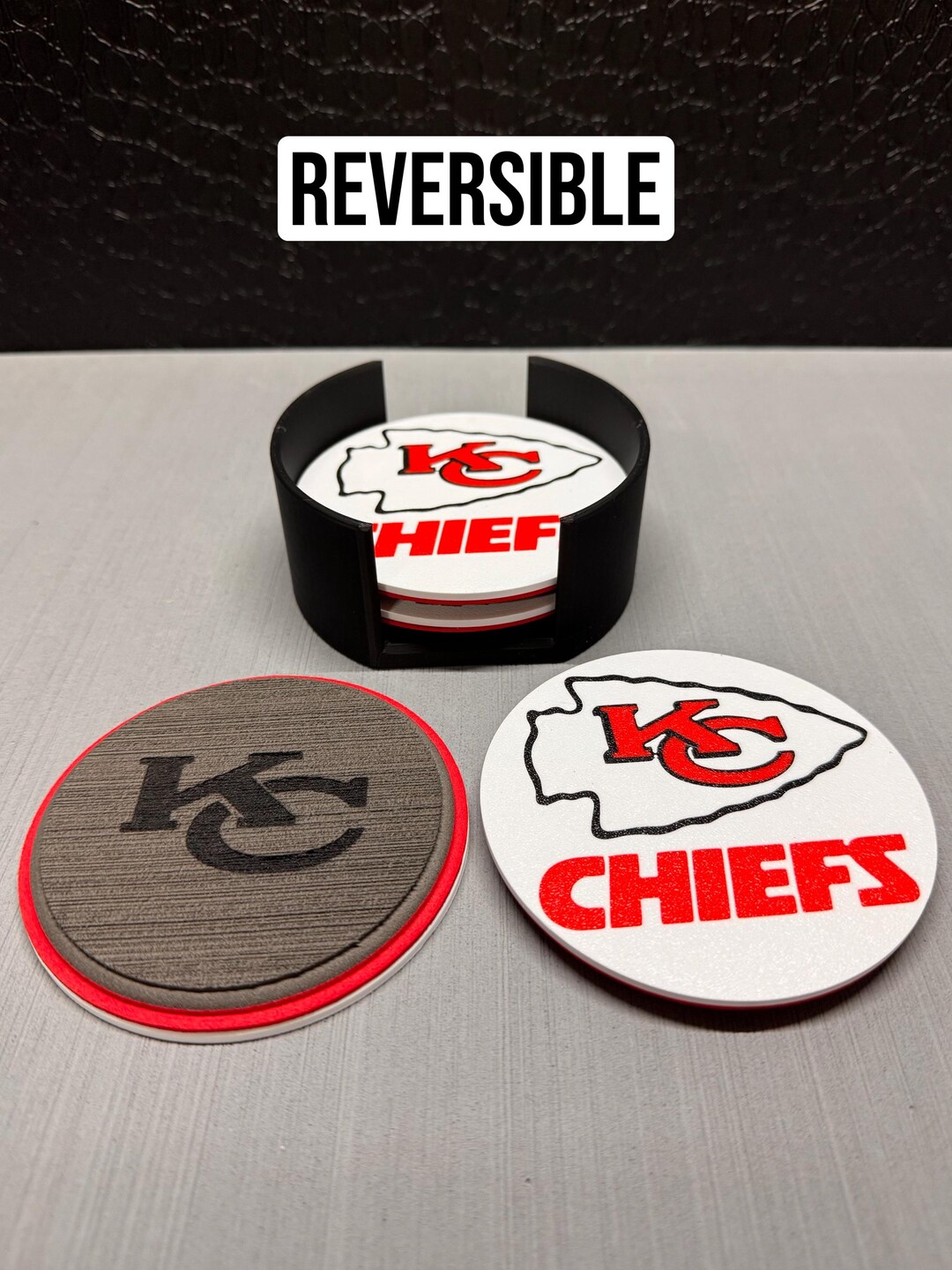 Kansas City Chiefs REVERSIBLE Coaster Set of 4 With Holder/ Caddy ...