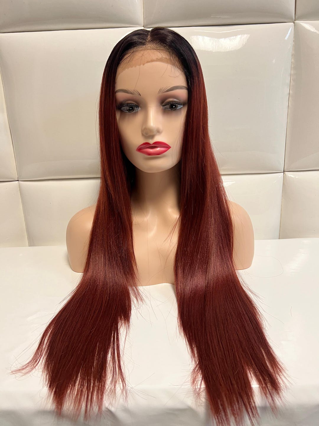 RED (dark Roots) Synthetic Lace Front Wig - Extra Long Sleek Straight ...
