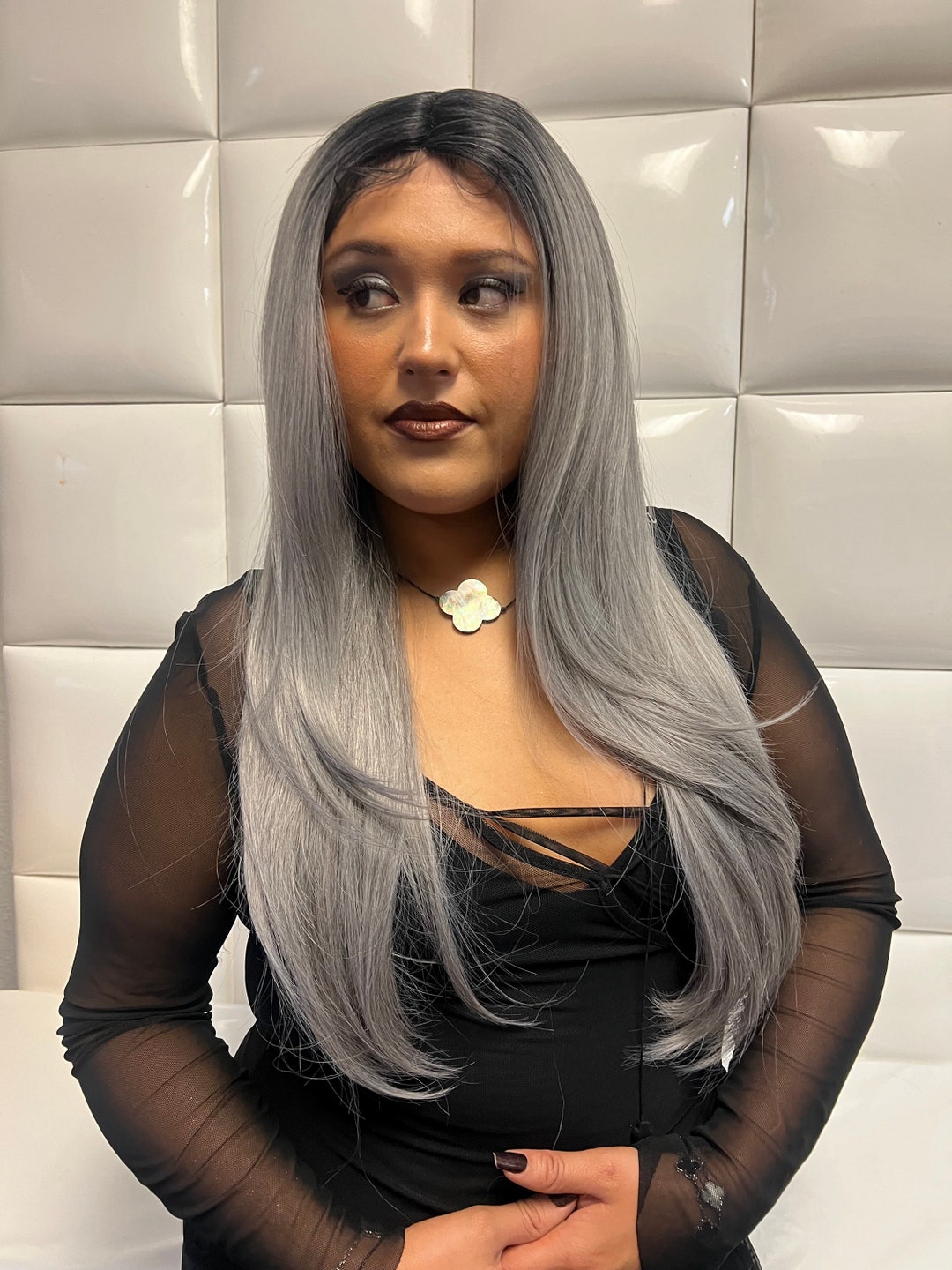 SILVER Black Roots - Lace Front Wig Long Straight * GREY GRAY Alt Goth ...