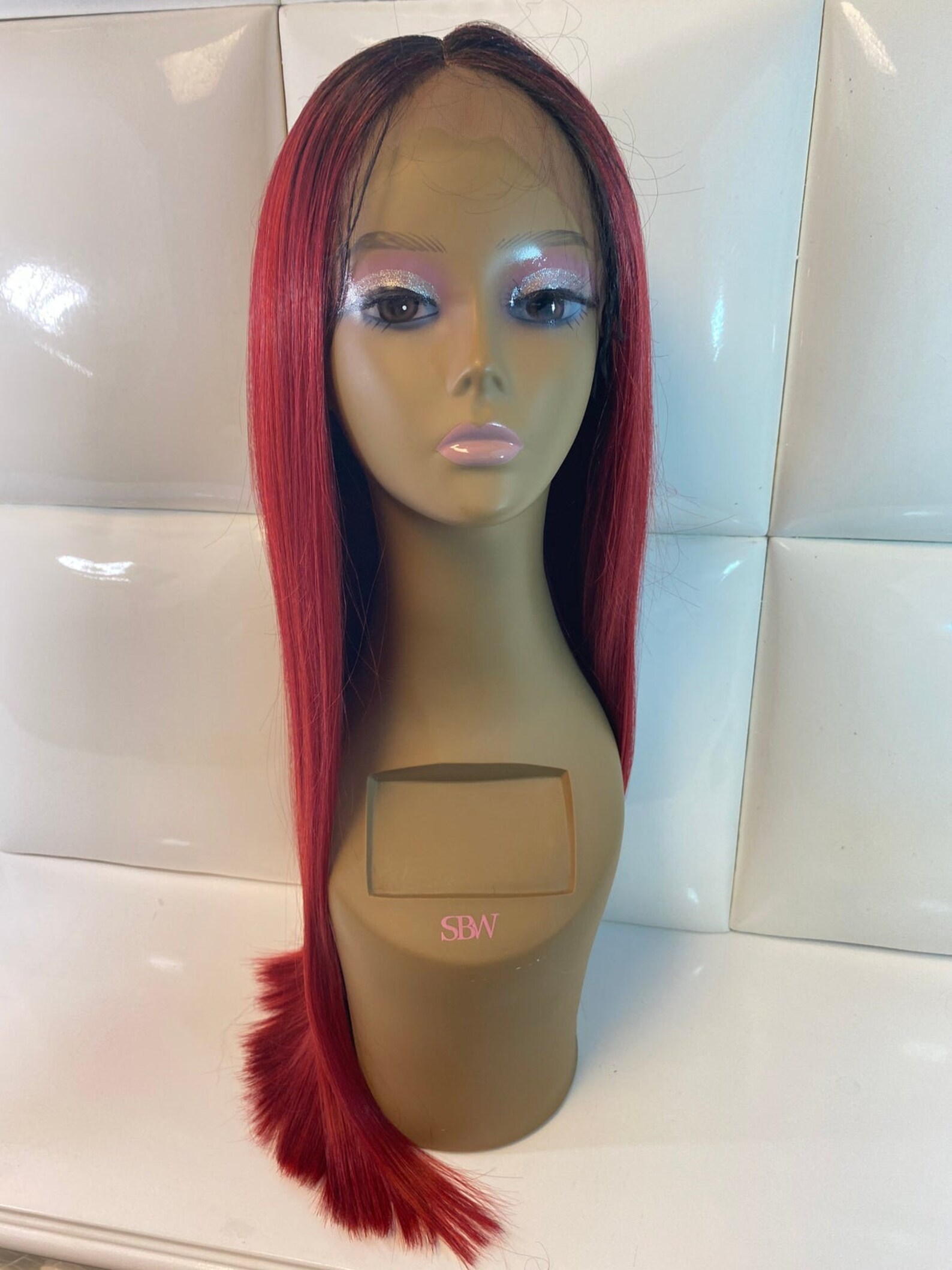 Lace Front Wig BRIGHT CHERRY RED dark roots Long Sleek | Etsy
