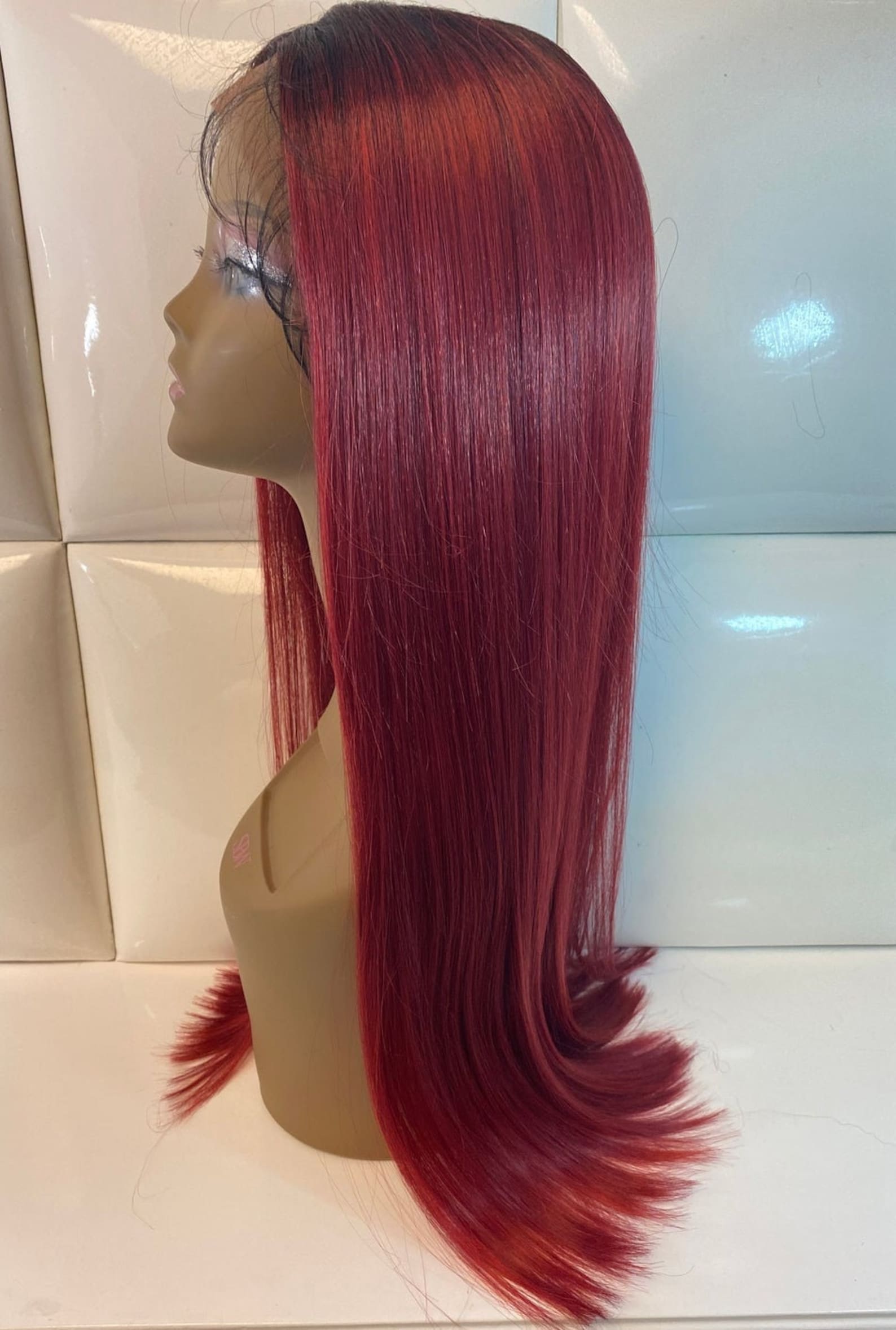 Lace Front Wig BRIGHT CHERRY RED dark roots Long Sleek | Etsy