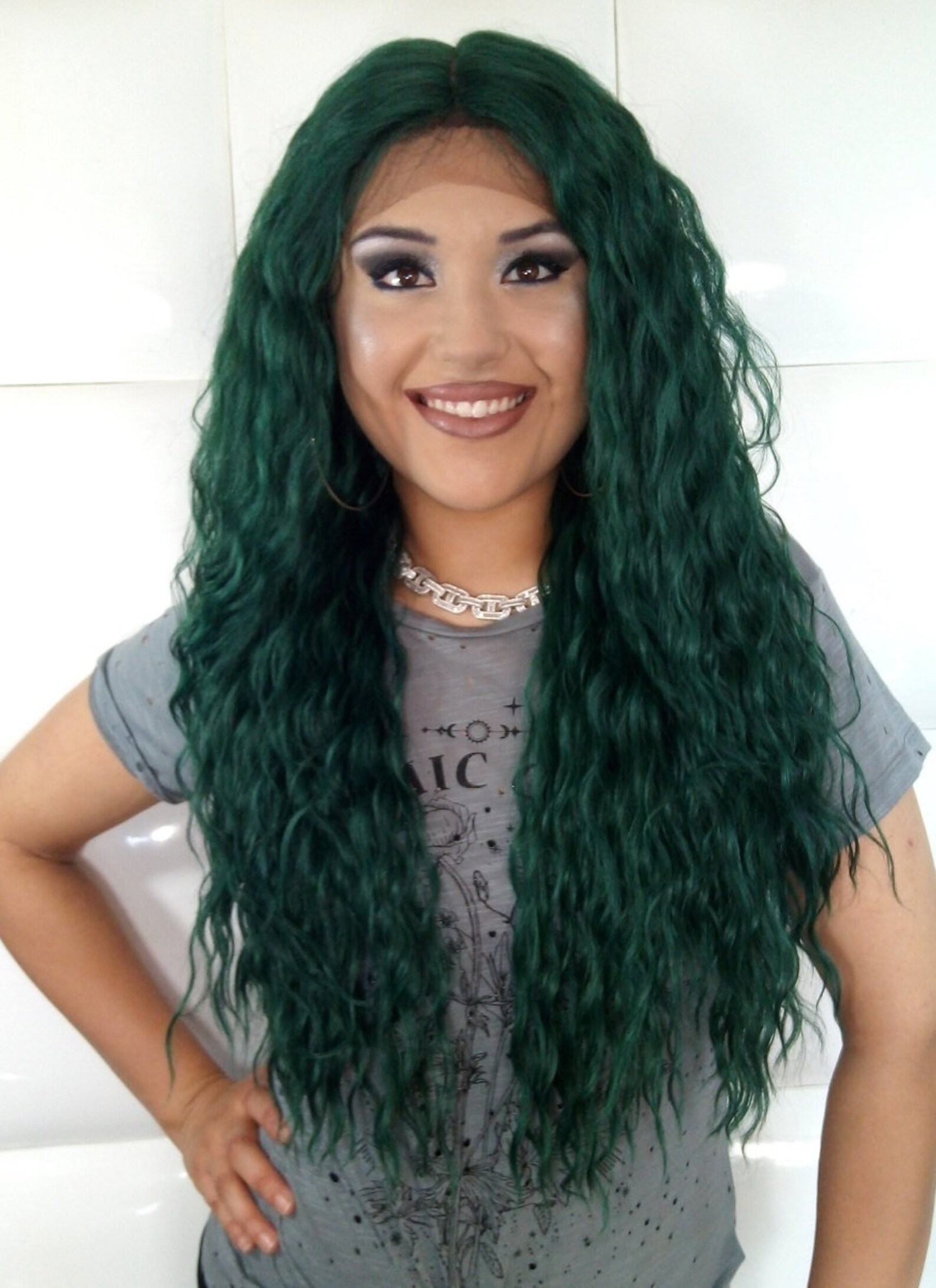 Synthetic Swiss Lace Front Wig Dark Green Long Waves Wavy Etsy
