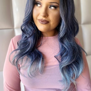 ICY GREY BLUE Ombre Lace Front Wig (dark Roots) Messy Waves Wavy ...