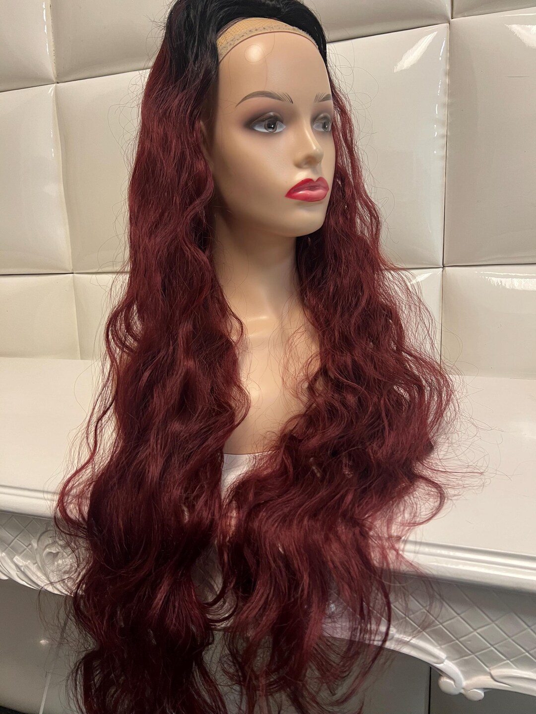 BURGUNDY RED Drawstring Ponytail Extension - Dark Roots Natural Curls ...