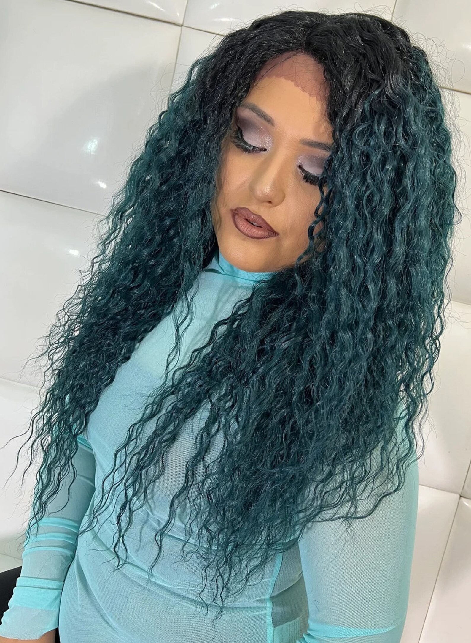 Synthetic Lace Front Wig Jade Green dark Roots Long - Etsy