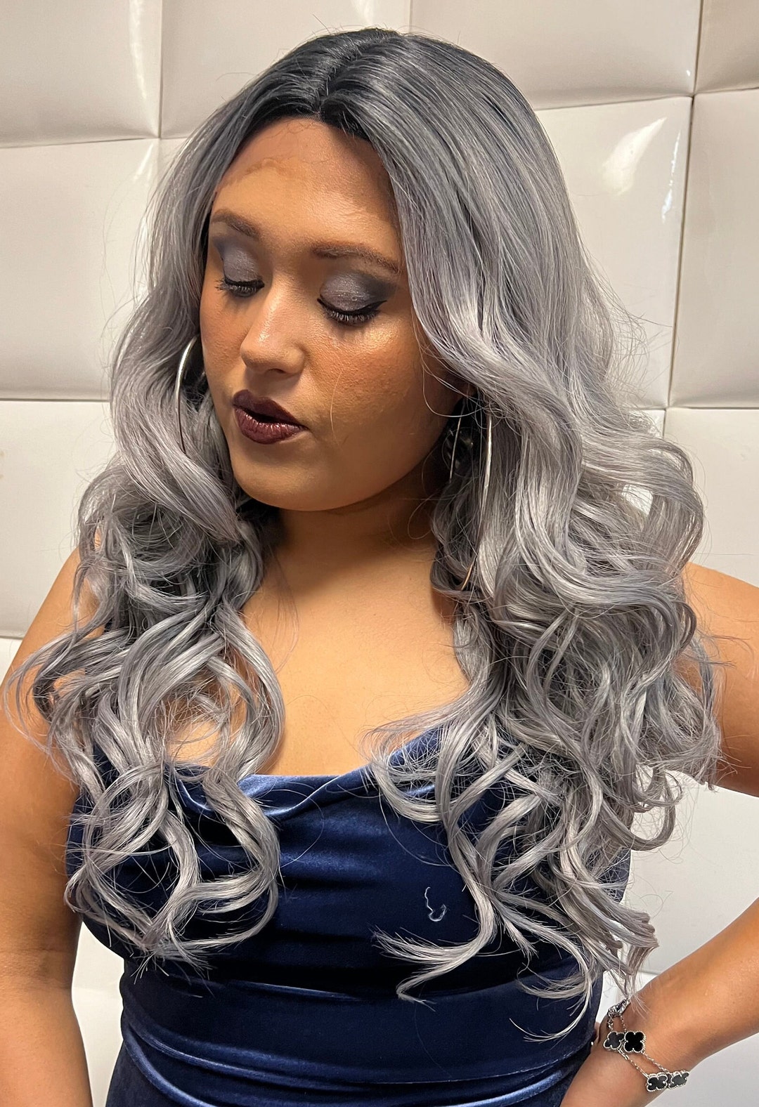 DARK GRAY Lace Front Wig * Long Wavy * Loose Waves * Dark Roots ...