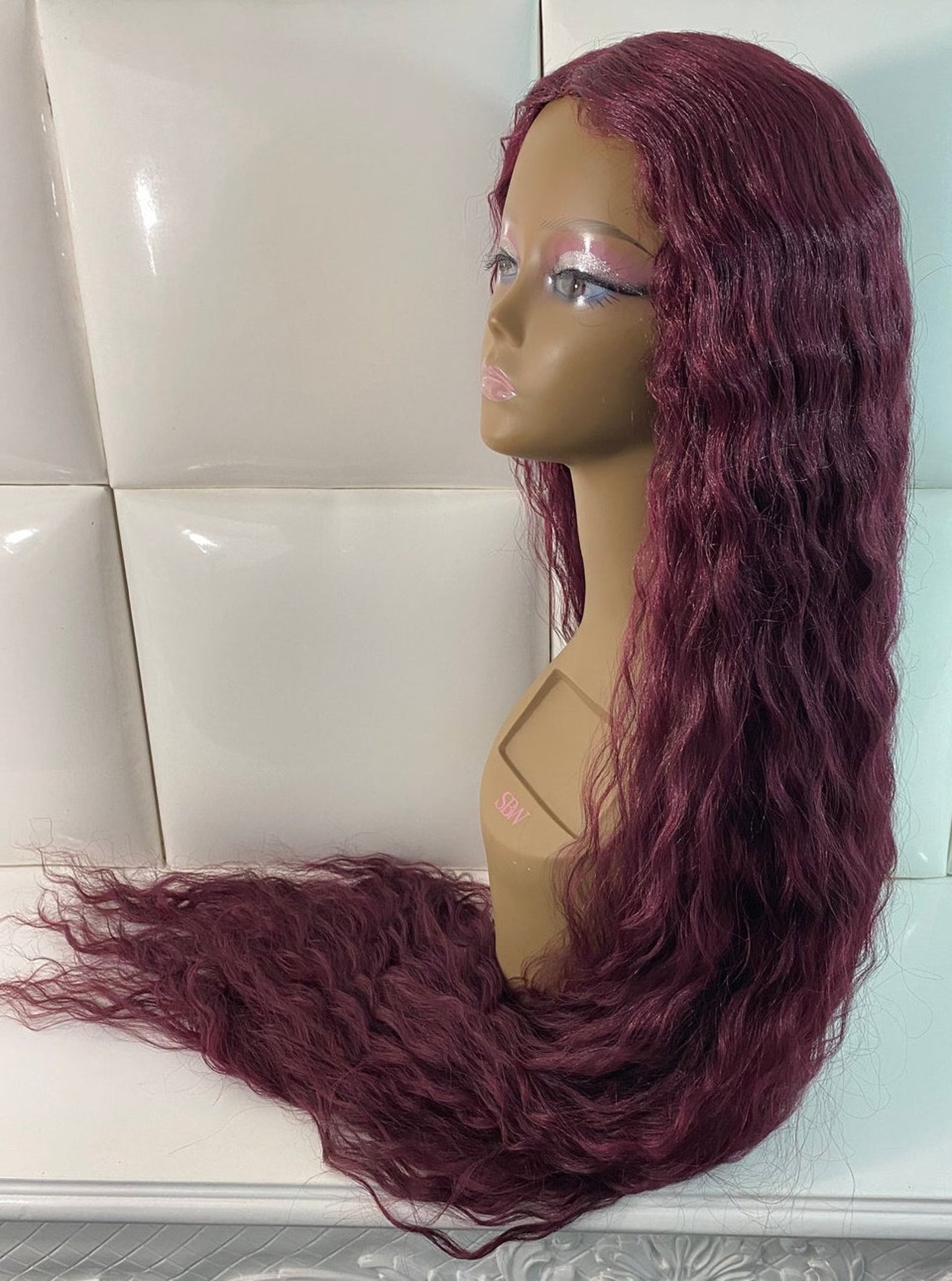 BURGUNDY RED MAROON Lace Part Wig Extra Long Wavy Curly Hair | Etsy