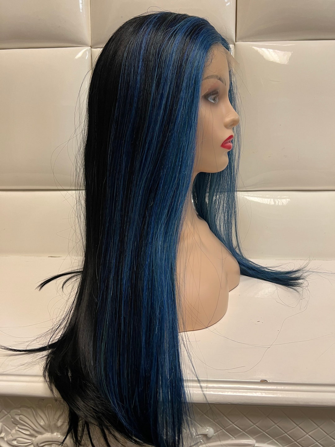 Swiss Lace Front Wig SKY BLUE & COBALT Face Frame Highlights / Balayage ...