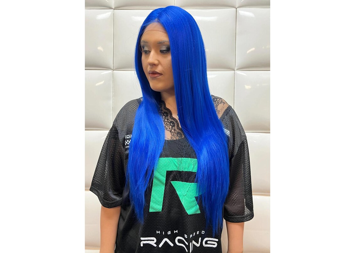 ELECTRIC BLUE Lace Front Wig - Extra Long Straight - 100% Synthetic ...