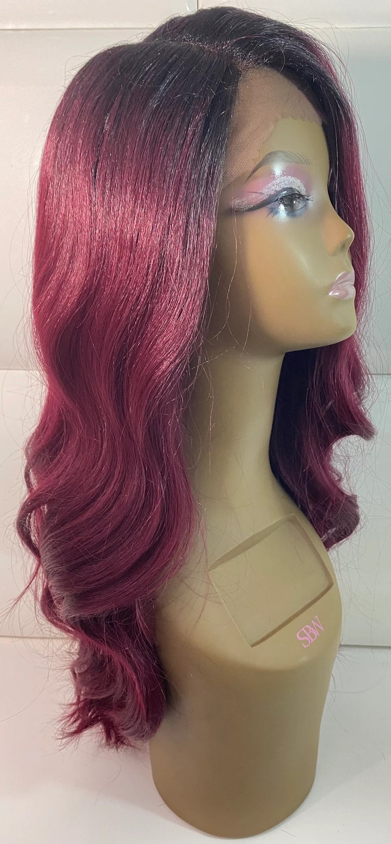CHERRY RED BURGUNDY Synthetic Swiss Lace Front Wig * Dark Roots * Long ...