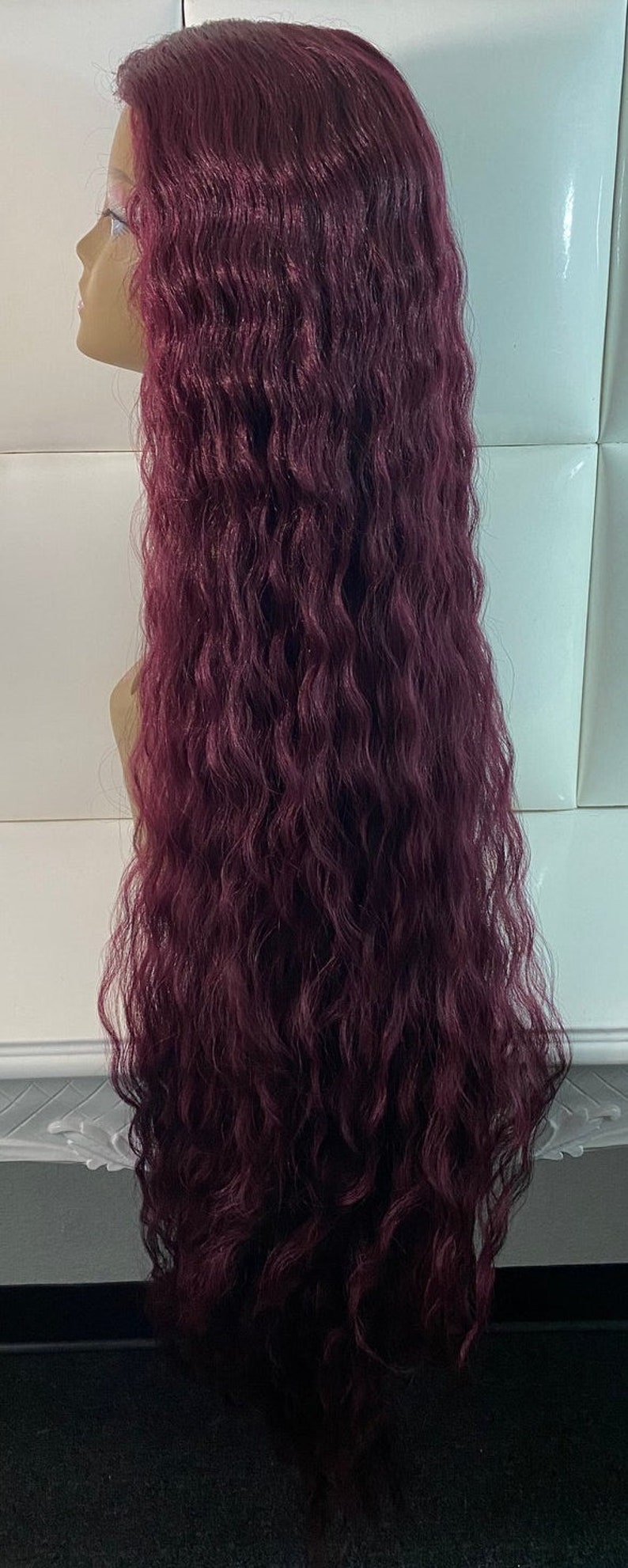 BURGUNDY RED MAROON Lace Part Wig Extra Long Wavy Curly Hair | Etsy